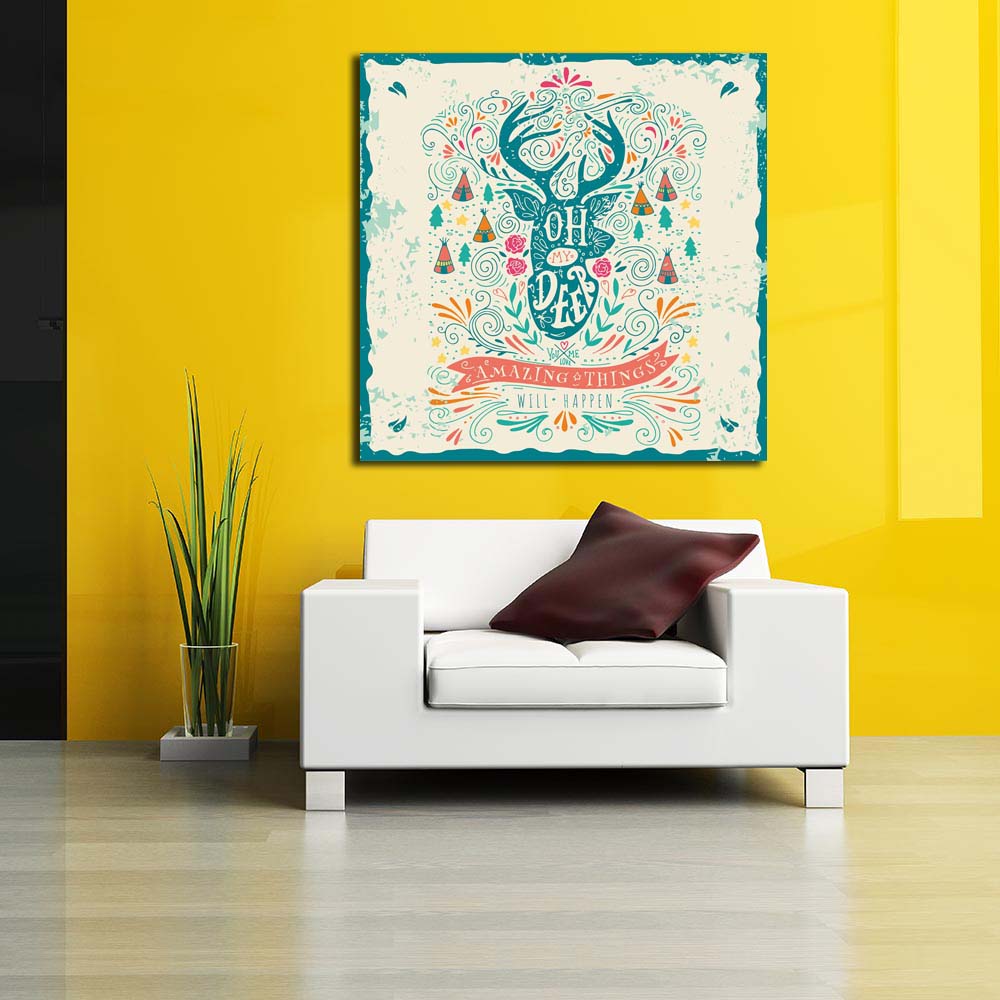 Reindeer & Hand Lettering Canvas Painting Synthetic Frame – ArtzFolio.com