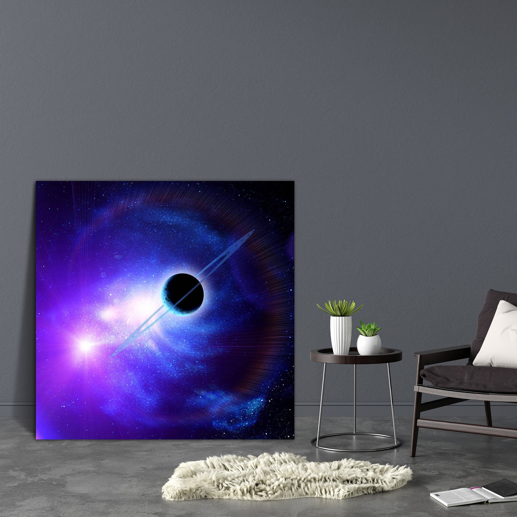 Planet With Rings Against The Sun In Blue Space Canvas Painting ...