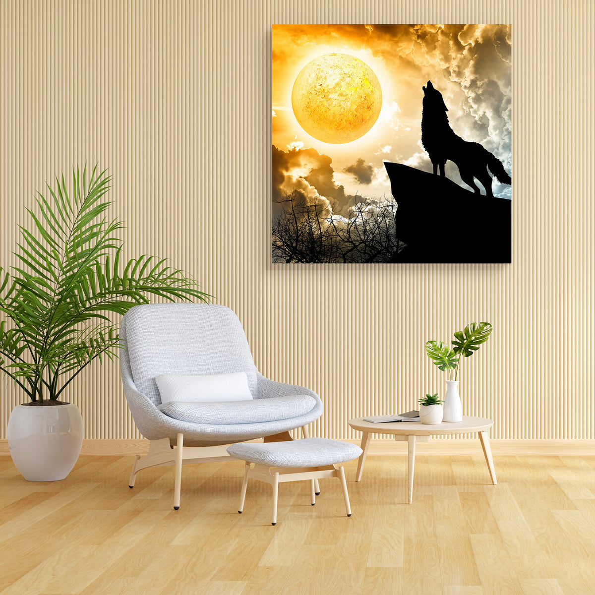 Wolf Howling To The Full Moon D1 Canvas Painting Synthetic Frame ...