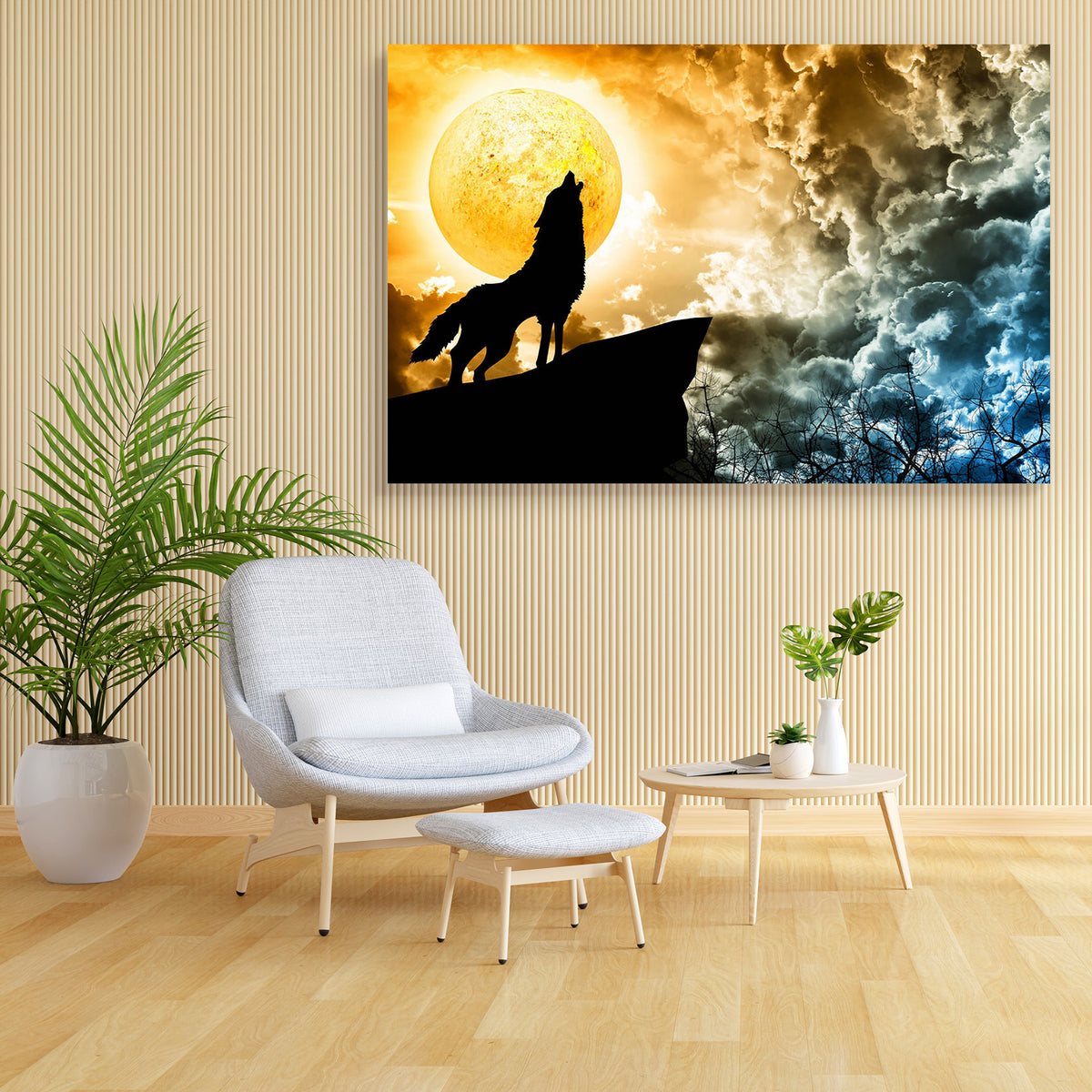 Wolf Howling To The Full Moon D2 Canvas Painting Synthetic Frame ...