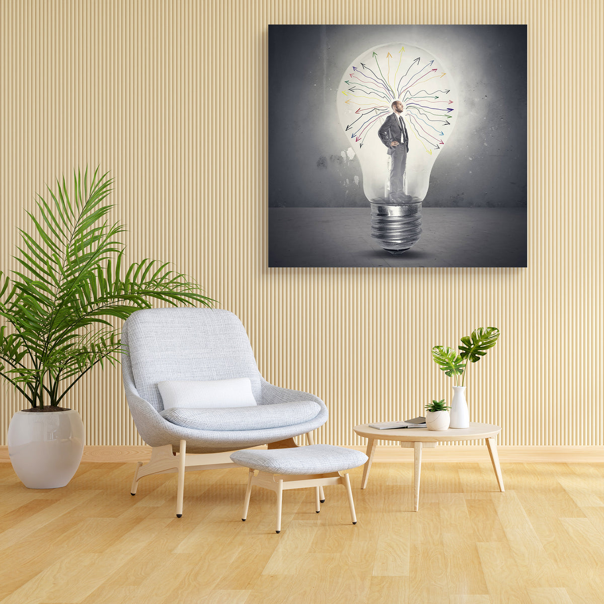 Businessman Thinking In A Light Bulb Canvas Painting Synthetic Frame ...