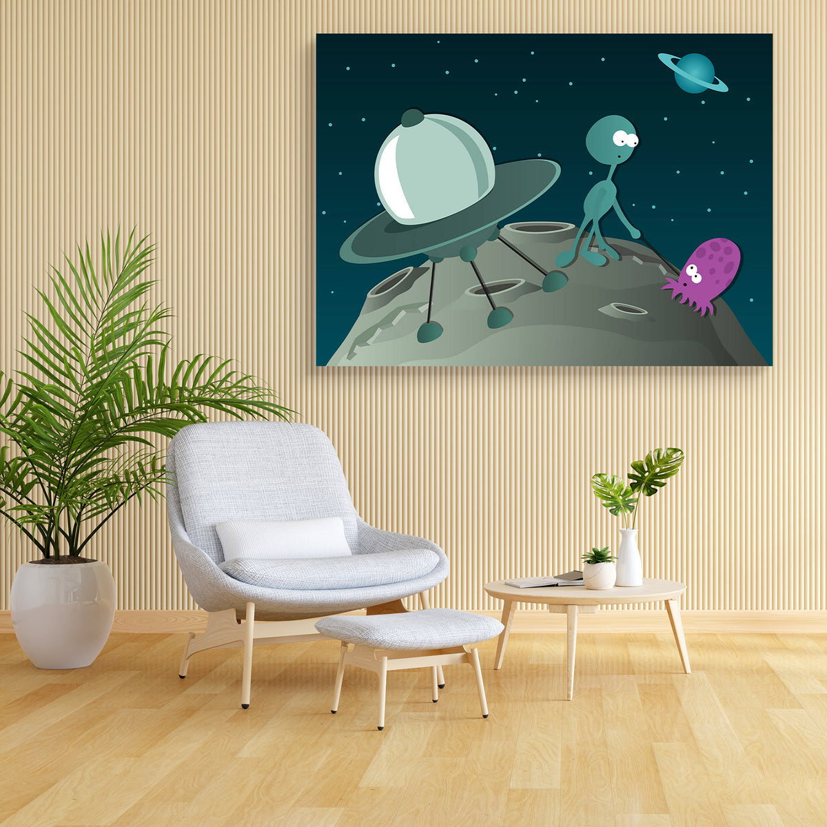 Two Aliens & Spaceship Canvas Painting Synthetic Frame – ArtzFolio.com
