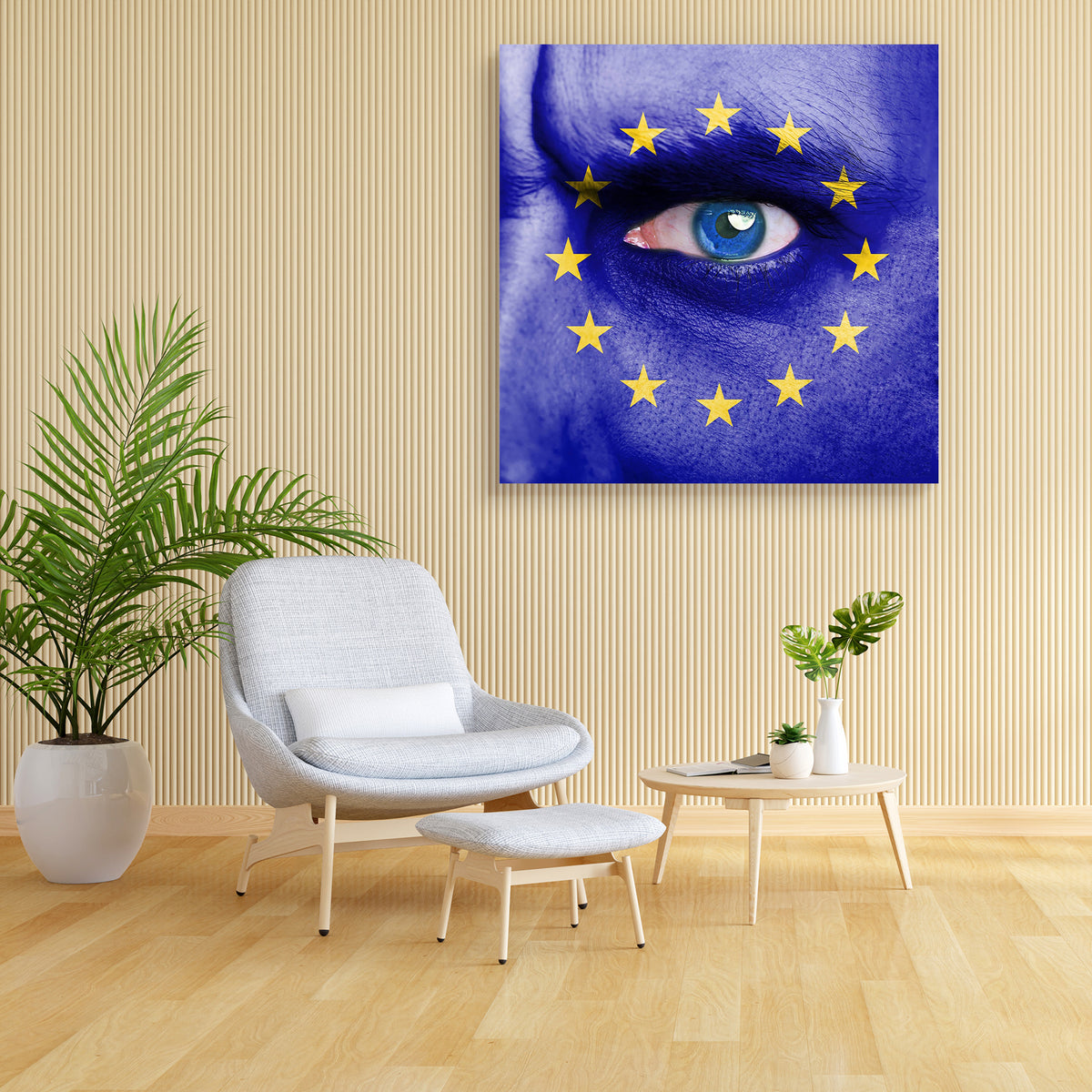 European Union Flag Painted On Man Face Canvas Painting Synthetic Frame ...