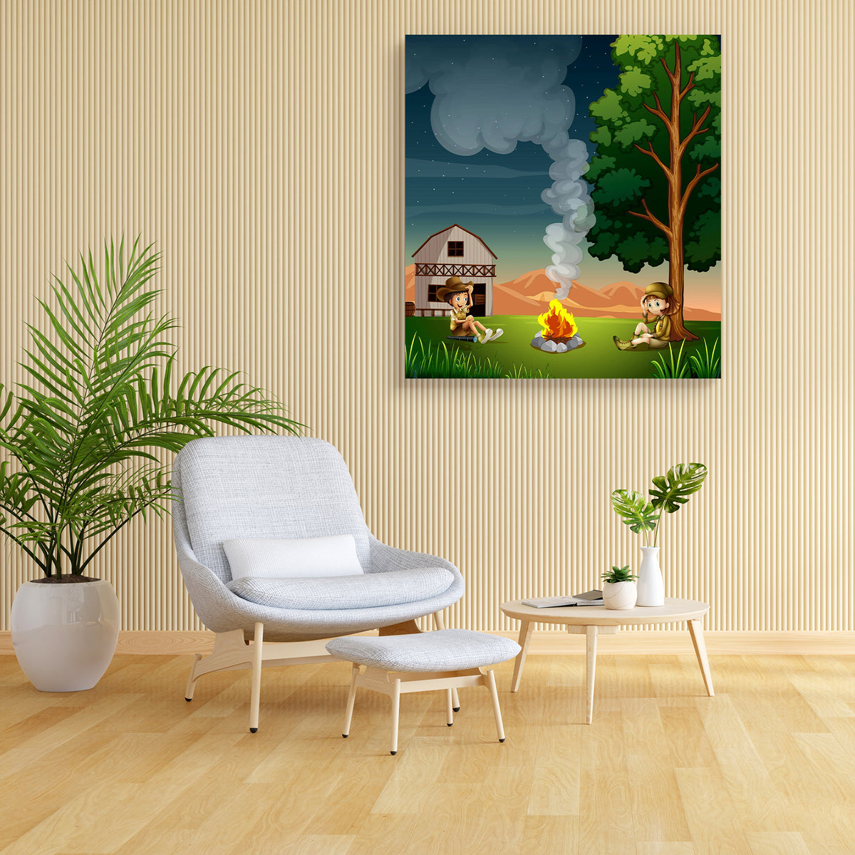 Two Explorers Making A Campfire Canvas Painting Synthetic Frame ...