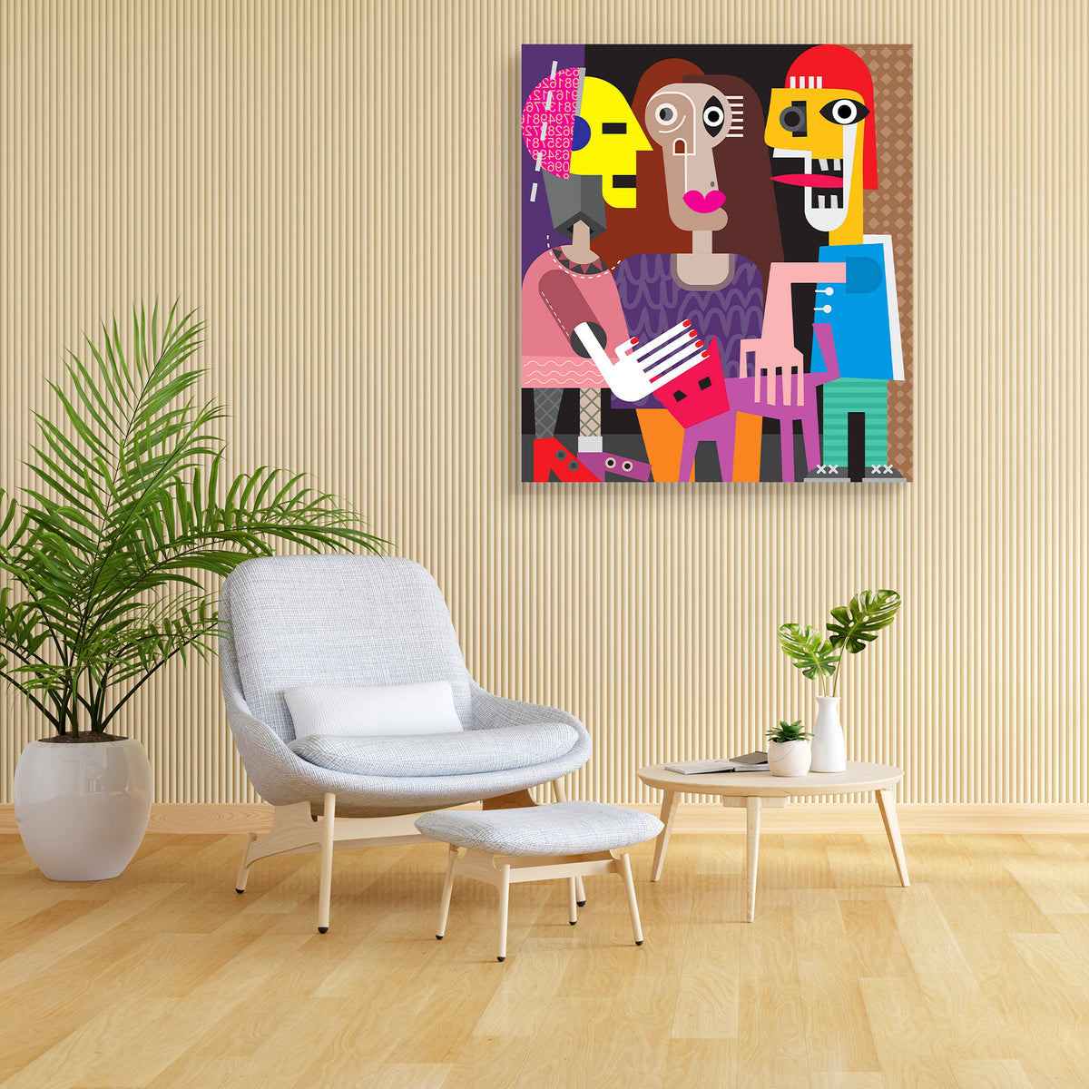 Two Women, A Man & A Cat Canvas Painting Synthetic Frame – ArtzFolio.com