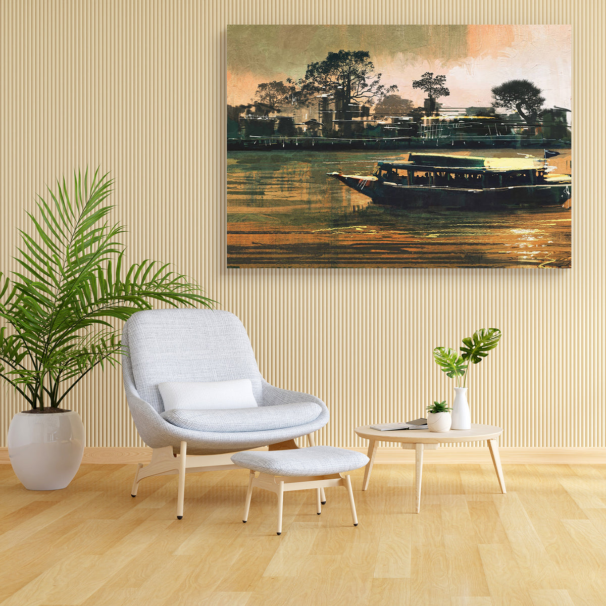 Ferry Carries Passengers On River Canvas Painting Synthetic Frame ...