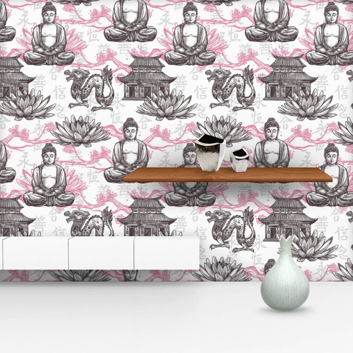 Pagoda Building Lotus Flower Dragon Asian Pattern Wallpaper Roll ...