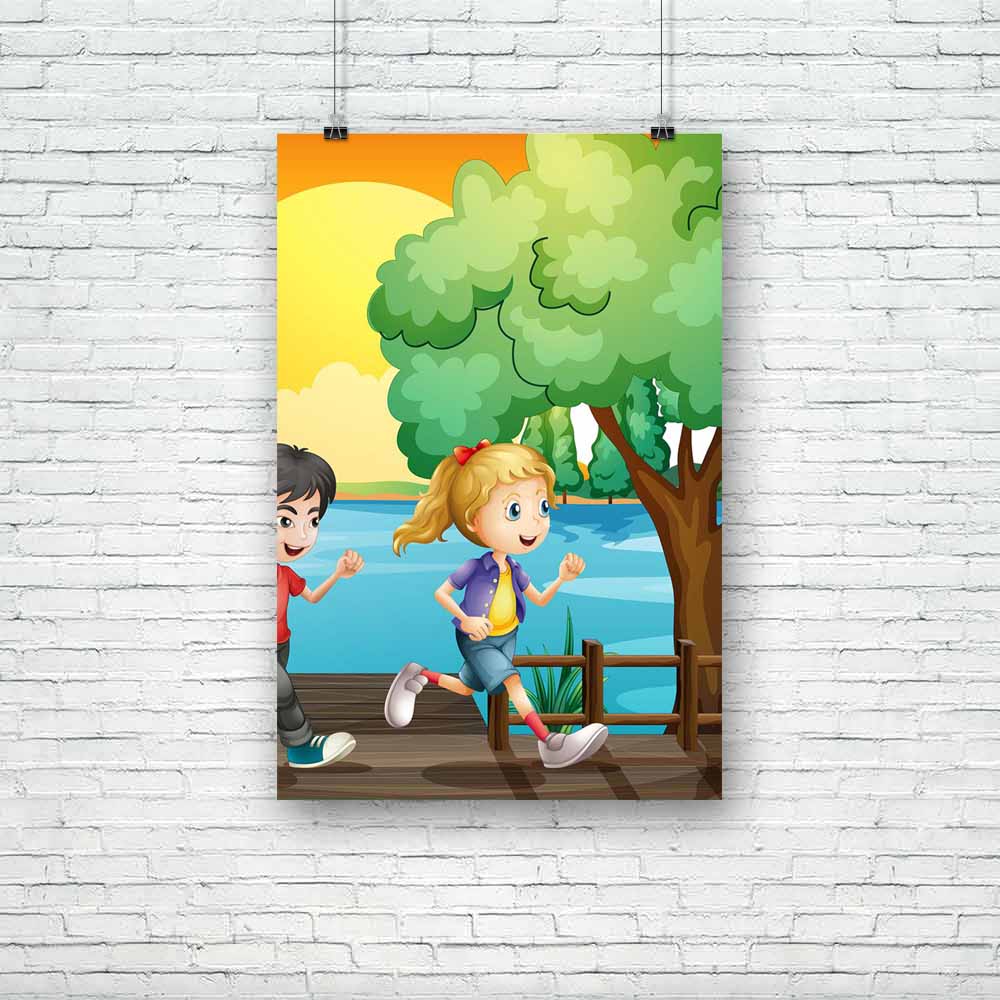 Kids Running At The Port Unframed Paper Poster – ArtzFolio.com