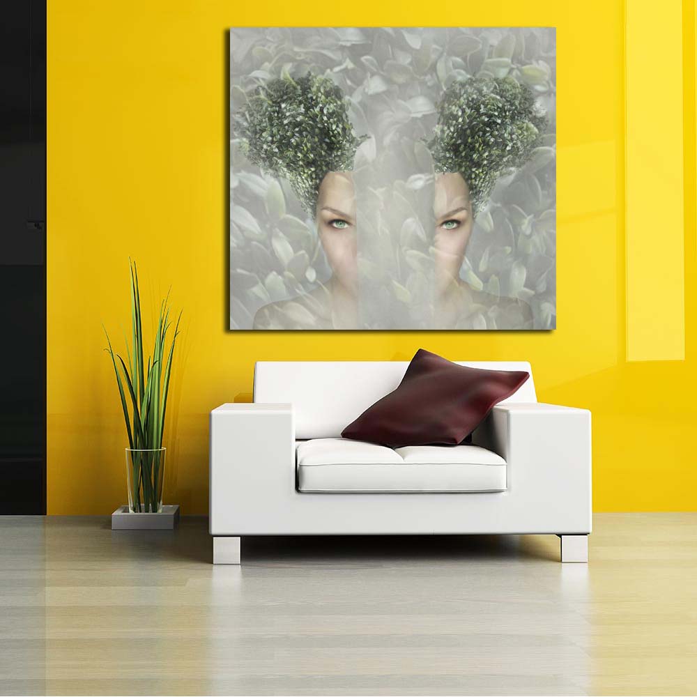 Female Portrait Divided In Two Parts Canvas Painting Synthetic Frame ...