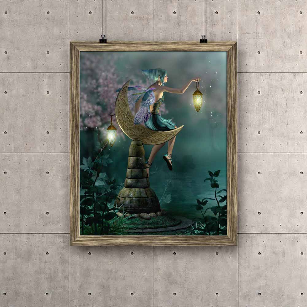 ArtzFolio Little Pixie with a Lantern Sitting on Moon Canvas Painting ...